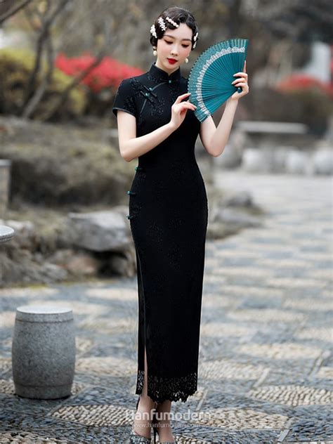 Traditional Black Cheongsam Velvet Fabric Long Qipao Dress Female Hanfumodern