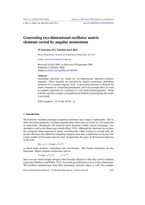 Pdf Generating Two Dimensional Oscillator Matrix Elements Sorted By