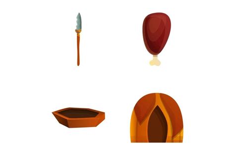 Stone Age Icons Set Cartoon Vector Primitive Tool And Weapo