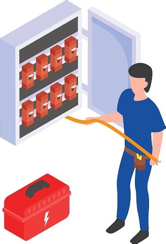 문제 해결 가정 전기 문제 등각 투영 개념 플러그 코드 벡터 아이콘 디자인 전기 엔지니어 기호 배선 전문가 기호 유지 보수 기술자 도구 스톡 일러스트레이션을 들고 있는 사람