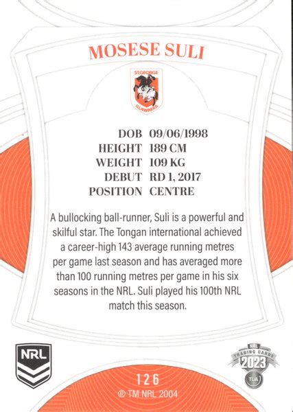 2023 Nrl Elite Common Card 126 Moses Suli St George Illawarra D
