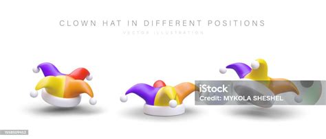다른 위치에 있는 3d 광대 모자 여러 가지 빛깔의 할리퀸 종소리가 달린 광대 모자 0명에 대한 스톡 벡터 아트 및 기타 이미지 0명 3차원 형태 Carnival
