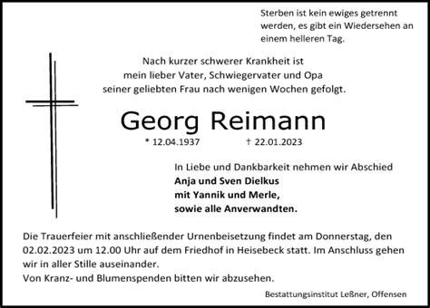 Traueranzeigen Von Georg Reimann Trauer Anzeigen De