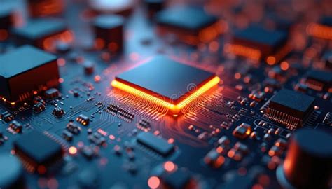 Close Up Of Glowing CPU On Motherboard Futuristic Tech Circuit Board Stock Illustration