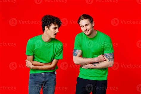 Two Man Holding His Neck Emotions Discontent Red Background 22252713