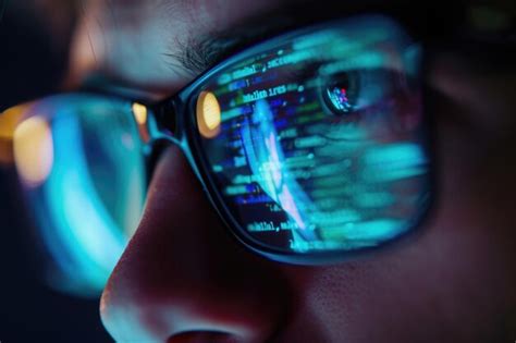 Cyber Crime Reflection In Spectacles Of Virus Hacking A Computer Close Up Of Face Premium Ai