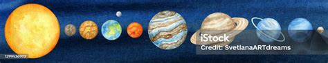 태양계의 수채화 행성 우주 행성 머큐리 금성 지구 화성 목성 천왕성 해왕성 명왕성 밤 하늘 배경에 태양 손 우리의 은하 천문학 교육 자료 과학에 대한 스톡 벡터 아트 및