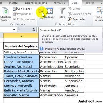 Formato a la Tabla Ordenar Alfabéticamente e insertar Filas