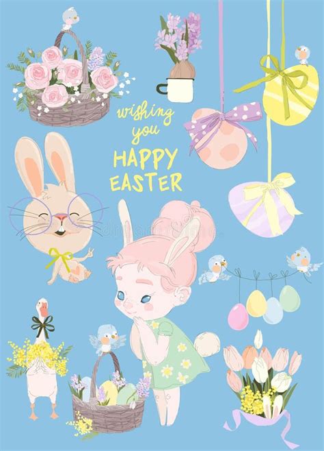 Happy Easter Set With Cute Girl Bunny And Easter Elements Stock