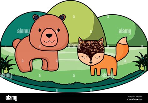 Landscape With Cute Fox And Bear Over White Background Colorful Design
