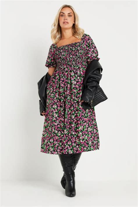 Yours Plus Size Black And Pink Ditsy Floral Print Shirred Midaxi Dress