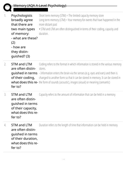Memory Aqa A Level Psychology Comprehensive Questions With Answers 100 Accuracy Updated 2025