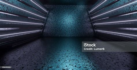 미래 지향적 인 Scifi 그런 지 주차 쇼룸 차고 복도 조명 네온 빛나는 어두운 보라색 배경 3d 일러스트 레이 션과 빈 어두운 방 0명에 대한 스톡 사진 및 기타 이미지