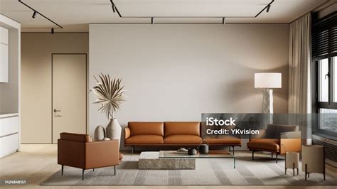 미니멀리스트 베이지색 오렌지 소파 안락 의자 커피 테이블 및 장식이있는 현대적인 인테리어 3d 렌더링 일러스트 모형 0명에 대한 스톡 사진 및 기타 이미지 Istock