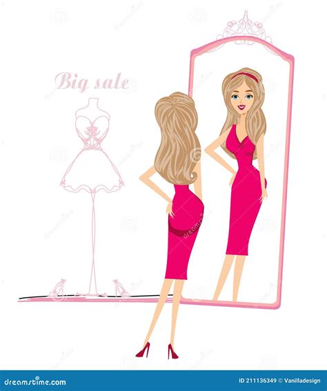 Beautiful Shopping Girl Looks At Herself In The Mirror Stock Vector