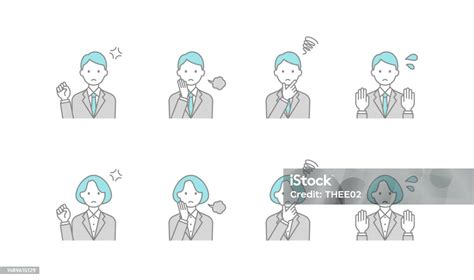 부정적인 감정을 가진 사업가의 삽화 간단한 선 그리기 아이콘 세트입니다 걱정하는에 대한 스톡 벡터 아트 및 기타 이미지