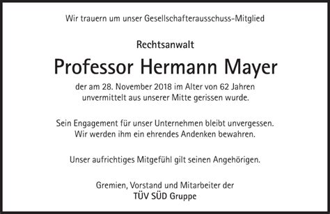 Traueranzeigen Von Hermann Mayer SZ Gedenken De