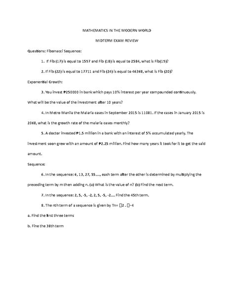 Mathematics In The Modern World Midterm Exam Answer Key Mathematics