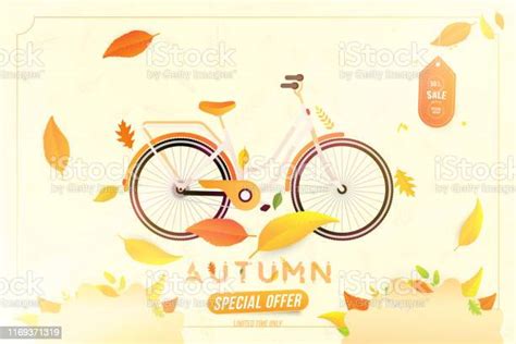 가을 세일 여성 도시 자전거 50 특별 제공 배경에 쇼핑 판매를위한 다채로운 계절 가을 잎 템플릿 전단지 플랫 벡터 일러스트