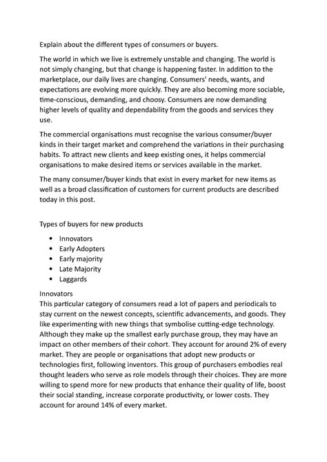 Explain About The Different Types Of Consumers Or Buyers The World In Which We Live Is