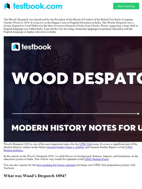 Woods Despatch 1854 Features Impact And Limitations Upsc Notes Pdf