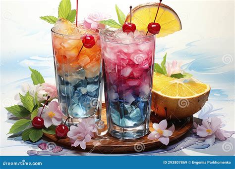 Refreshing Tropical Cocktail In This Vibrant Watercolor Depiction