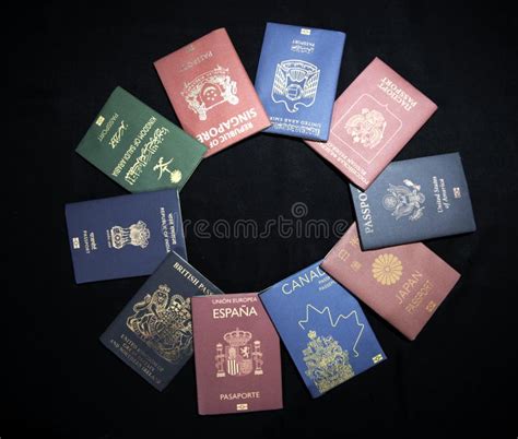 Colorful Multiple Passports In Circle On Black Background With Space In