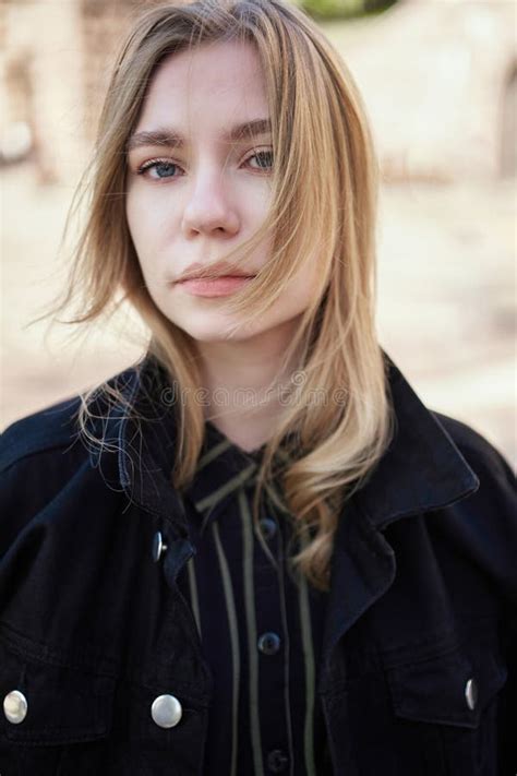 Smiling Natural Looking Beauty Teenage Girl With Blond Hair Outdoor On