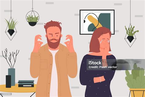 가족 사람들 다툼 젊은 화가 남자는 분노에 다투다 슬픈 여자는 울고 충돌 여자에 대한 스톡 벡터 아트 및 기타 이미지 여자 만화 커플 Istock