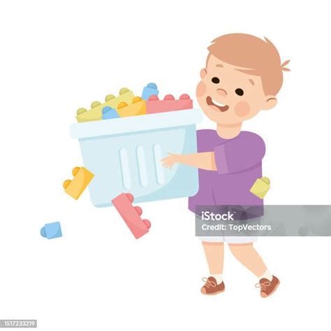 재미있는 벡터 일러스트레이션을 가지고 있는 그의 놀이방에서 장난감을 가지고 놀기 위한 상자를 들고 있는 행복한 소년 개발에 대한 스톡 벡터 아트 및 기타 이미지 Istock