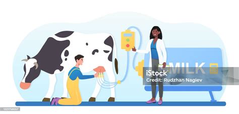 남성과 여성 캐릭터는 우유 시스템을 사용하여 젖소를 우유로 만들고 있습니다 우유에 대한 스톡 벡터 아트 및 기타 이미지 우유 암소 낙농장 Istock