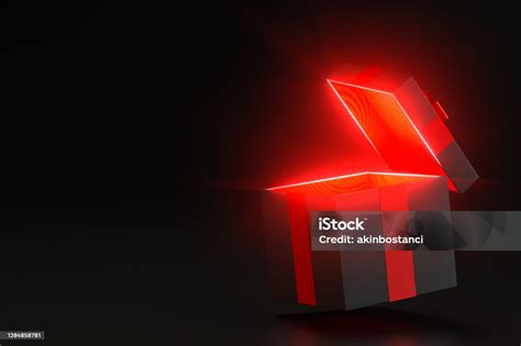 블랙 오픈 기프트 박스 와 번개 검은 배경에 최소한의 3d 디자인 선물 상자에 대한 스톡 사진 및 기타 이미지 선물 상자