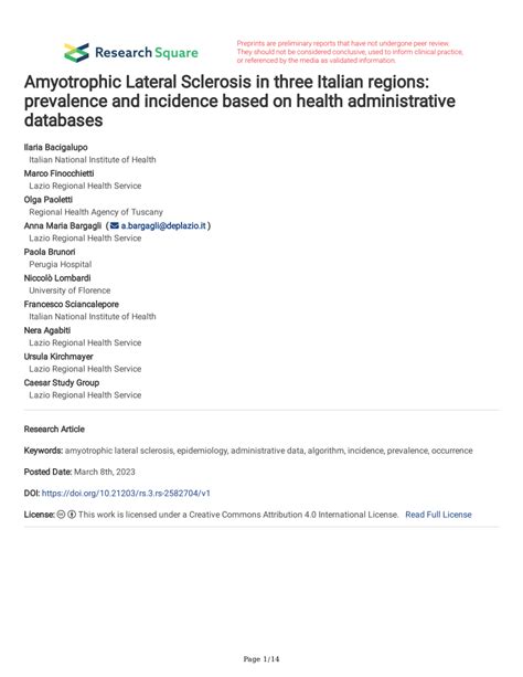 Pdf Amyotrophic Lateral Sclerosis In Three Italian Regions Prevalence And Incidence Based On