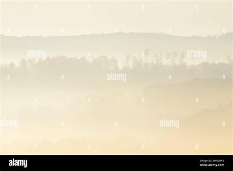 View Over Valleys And Wooded Heights In Dense Early Morning Fog