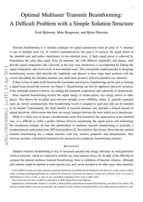 Pdf Optimal Multiuser Transmit Beamforming A Difficult Problem With A Simple Solution