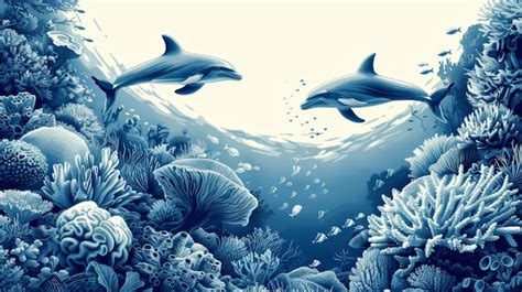 Two Dolphins Swimming In The Ocean With A Blue Background Premium Ai