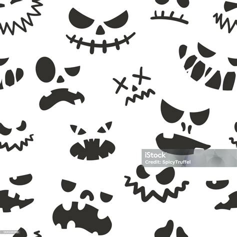 잭 페이스 패턴 으스스한 머리와 화가 감정무서운 실루엣 기호의 매끄러운 할로윈 질감 흑백 휴일 배경 템플릿 벡터 가을 축하 프린트 10월에 대한 스톡 벡터 아트 및 기타