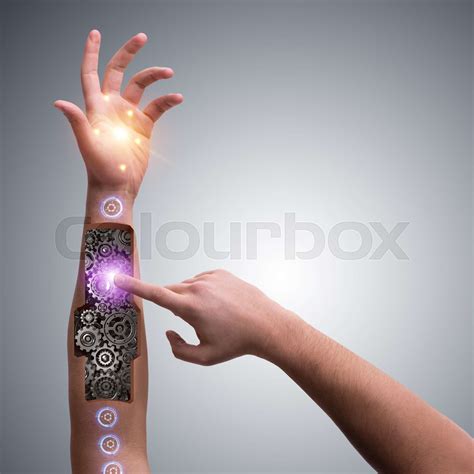 Robotic Hand Pressing Button In Futuristic Concept Stock Image Colourbox
