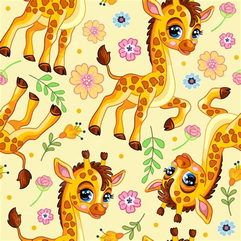 Seamless Vector Pattern With Cute Happy Giraffes And Flowers On Yellow
