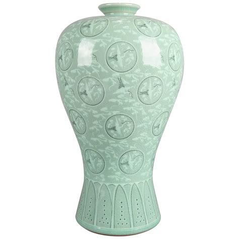 Korean Celadon Bird Decorated Art Pottery Vase Signed 20th Century At
