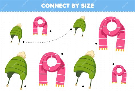 아이들을 위한 교육용 게임은 귀여운 만화 비니 모자와 스카프 인쇄 가능한 겨울 워크시트의 크기로 연결합니다 프리미엄 벡터