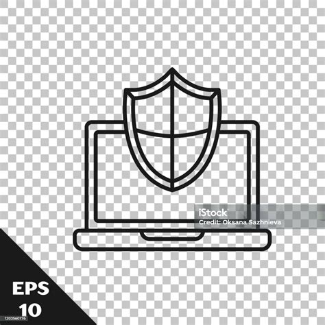 검은 색 라인 노트북 투명 배경에 격리 방패 아이콘으로 보호 Pc 보안 방화벽 기술 개인 정보 보호 안전 벡터 일러스트레이션 0