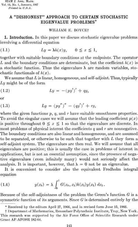 A Dishonest” Approach To Certain Stochastic Eigenvalue Problems Siam Journal On Applied