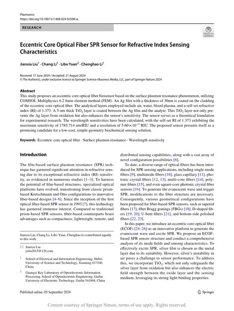 Eccentric Core Optical Fiber Spr Sensor For Refractive Index Sensing