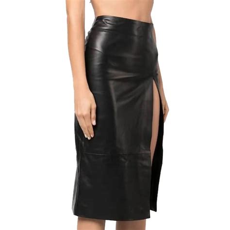 Black Leather Midi Skirt High Waist With Side Slit