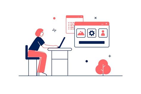 사람 장면이 포함된 플랫 라인 디자인의 Ui Ux 프로그래밍 개념 Woman은 사용자 인터페이스 레이아웃을 만들고 가제트에 대한