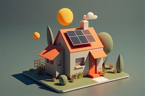 색상 배경의 다채로운 에코하우스 재생 에너지 개념 지붕에 태양열 패널이 있는 집 Generative Ai 프리미엄 사진