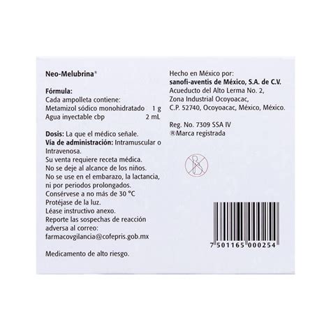 Neo Melubrina 1 G2 Ml Solución Inyectable 5 Ampolletas De 2 Ml Walmart