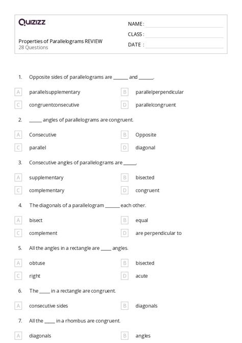 แผ่นงาน คุณสมบัติของสี่เหลี่ยมด้านขนาน มากกว่า 50 แผ่นในราคา ชั้นประถมศึกษาปีที่ 11 ใน Quizizz