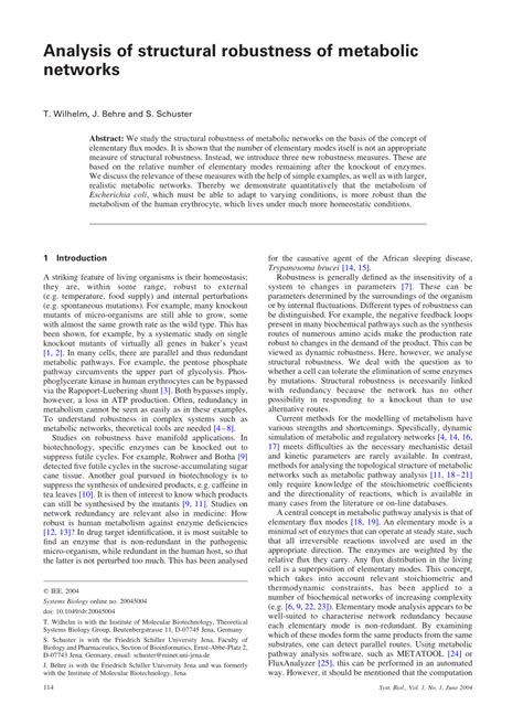 Pdf Analysis Of Structural Robustness Of Metabolic Networks